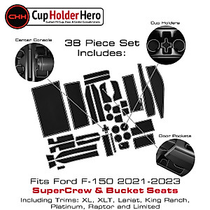 CupHolderHero fits Ford F150 Accessories 2021-2023 Premium Custom Interior Non-Slip Anti Dust Cup Holder Inserts, Center Console Mats, Door Pocket Liners 38pc Set (Bucket SuperCrew) (White Trim)