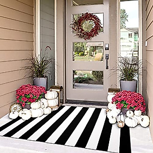 IOHOUZE Cotton Black and White Striped Rug 3x5 Outdoor Doormat Washable Woven Front Porch Decor Outdoor Indoor Welcome Mats for Front Door/Farmhouse/Entryway/Home Entrance Black and White Outdoor Rug