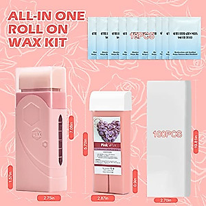 Roll On Waxing Kit, Depilatory Roll On Wax Warmer for Hair Removal with 2 Rose Cartridges Refill 10 Wax-removing Wipes and 100pcs Wax Strips, At Home Waxing Kit for Women and Men