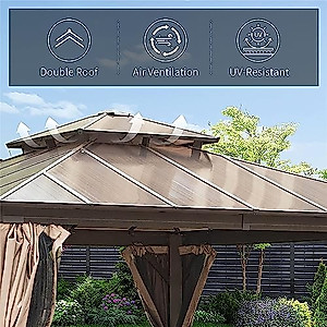 Goohome 12'x12' Hardtop Gazebo, Permanent Outdoor Gazebo with Polycarbonate Double Roof, Aluminum Gazebo Pavilion with Curtain and Net, Hard Top Waterproof Pergola Shade and Rain for Lawn, Poolsides
