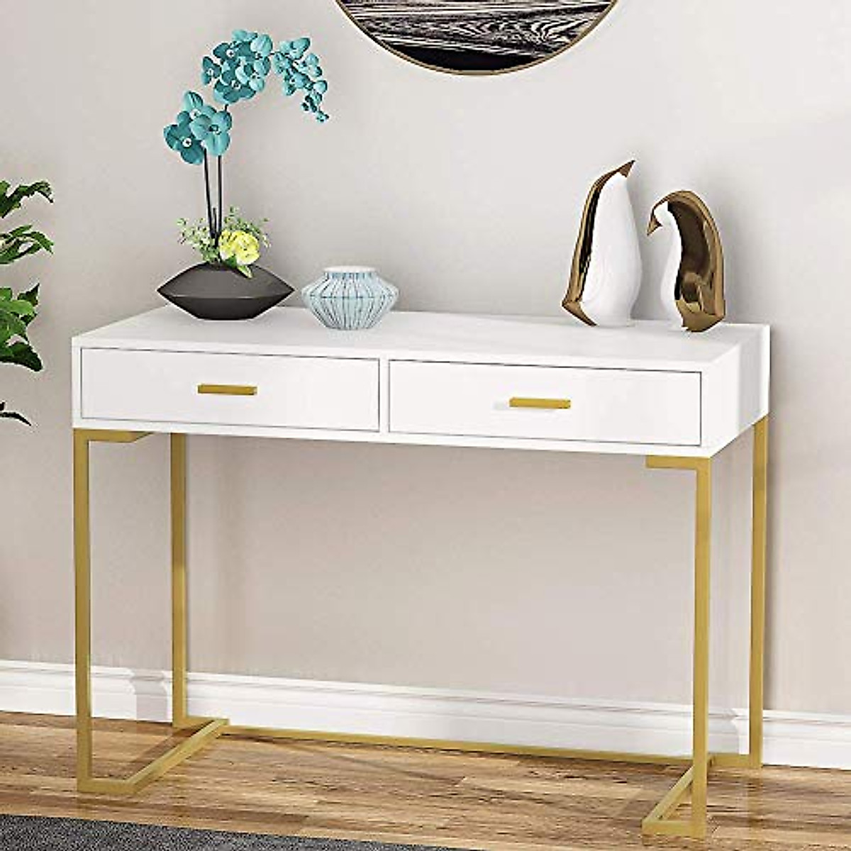 Tribesigns White and Gold Desk with 2 Drawers, White Writing Desk, 40 Inches Computer Desk, Simple and Modern Desk