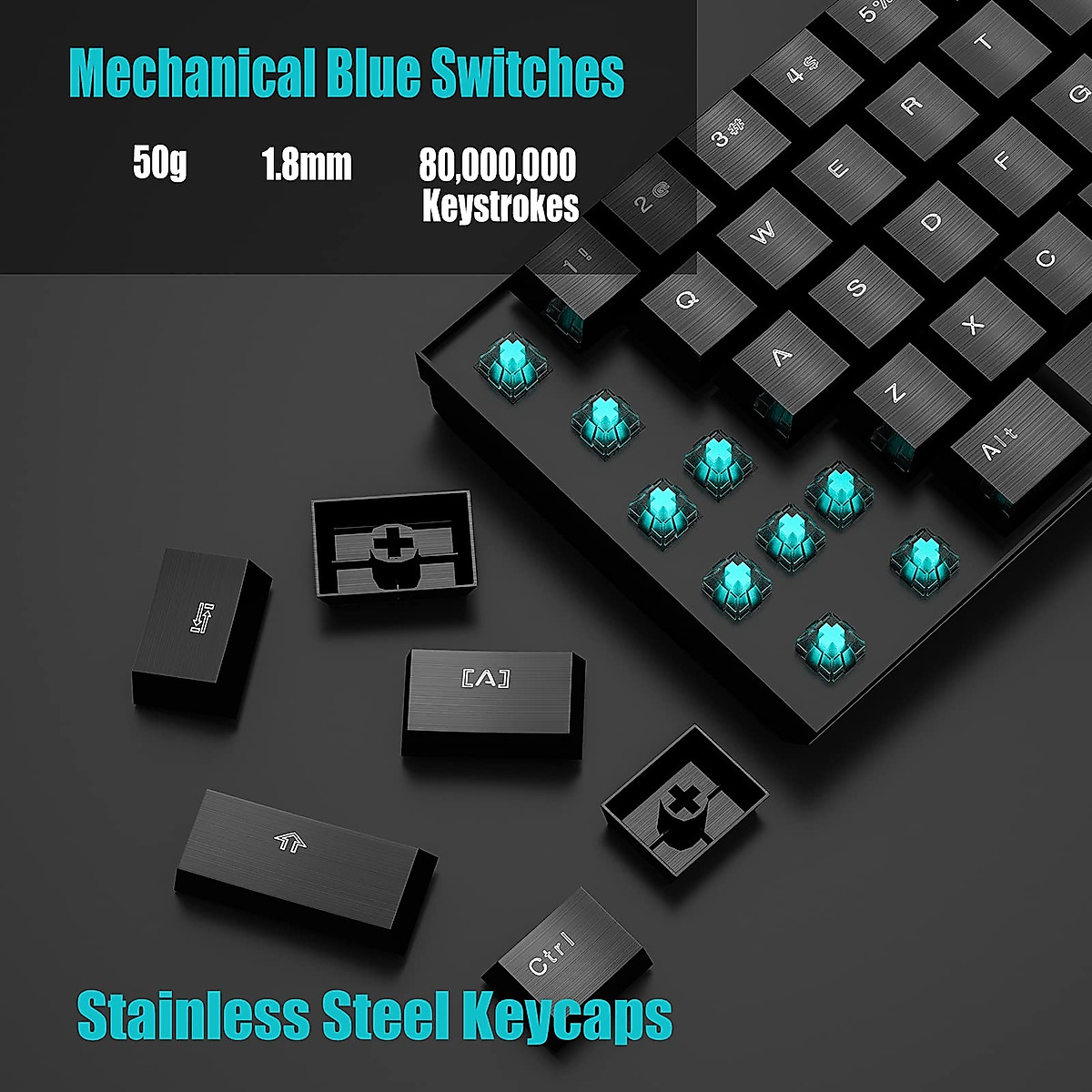 Fitlink Metal Keycaps Mechanical Gaming Keyboard with Blue Switches, Support USB Bluetooth Connection, 15 RGB LED Backlit, for Windows Mac PC(Black)