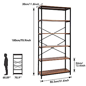 6 Tier Industrial Bookshelf 71" Tall Open Bookshelves and Bookcases Vintage Standing Storage Shelf Freestanding Display Shelf for Living Room Bedroom-Black Metal Frame & Wood(US Stock)