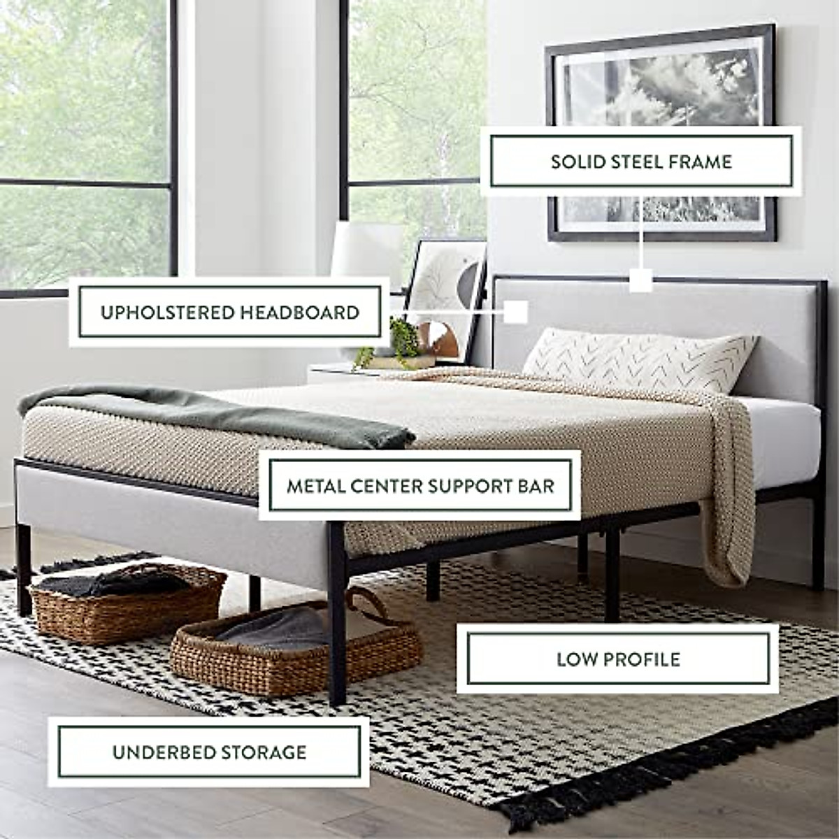 Edenbrook Hudson Full Platform Bed Frame with Headboard-Underbed Storage-Full Bed Frame No Box Spring Needed-Metal/Upholstery