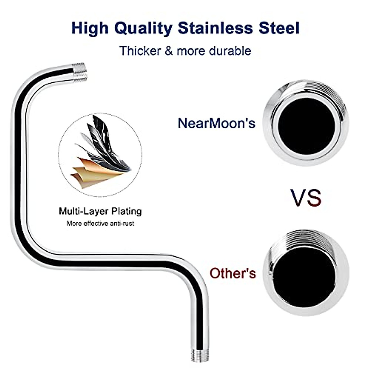 NearMoon S Shape Shower Extension Arm with Flange, Stainless Steel High Rise Shower Head Extender Pipe, Horizontal Extension Standard 1/2" Connection- Bathroom Accessory, 13 Inch (Chrome Finish)