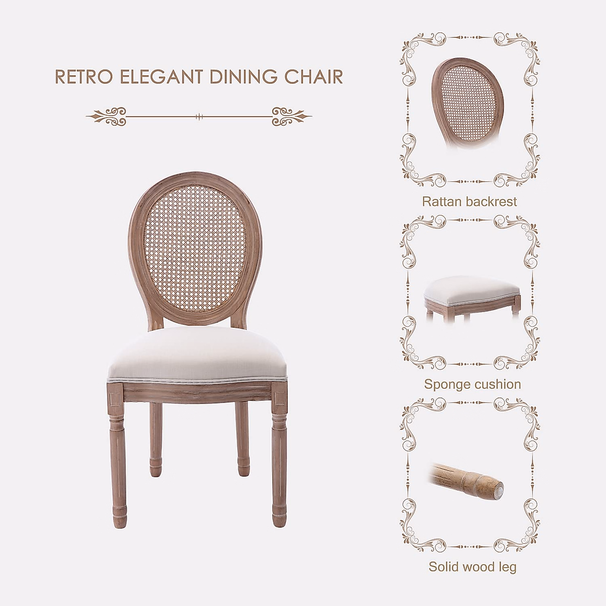 Kiztir French Country Dining Chairs Set of 6, Vintage Chairs with Round Backrest, Mid Century Upholstered Dining Chairs with Solid Wood Leg for Dining Room Bedroom Kitchen Restaurant