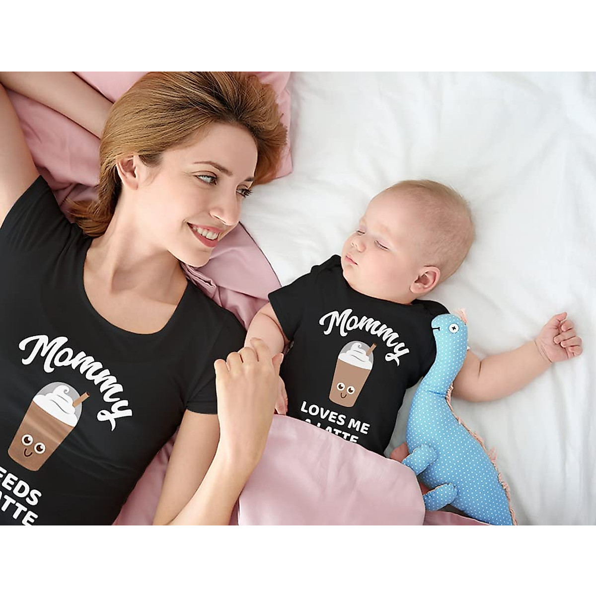 Mommy Needs a Latte Funny Mom and Baby Matching Outfits Gifts for New Moms Mothers Day Mother & Daughter Son Shirts Women's Black Large/Baby Black 6M (3-6M)