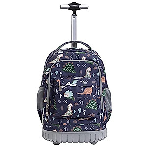 SKYMOVE 18 inches Wheeled Rolling Backpack for Boys and Girls Multi-Compartment School Students Books Laptop Trolley Bag Short Trip Carry-on, Dark Blue Dinosaur