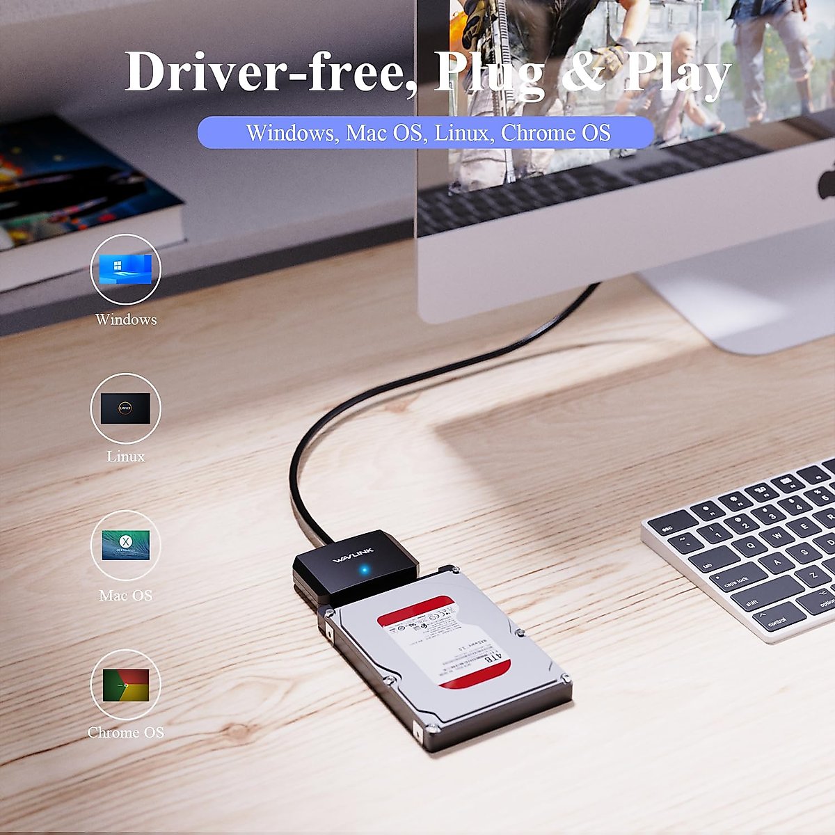 WAVLINK SATA to USB 3.0 Hard Drive Cable, 5Gbps USB3.0 to Sata Cable Support UASP, External Hard Drive SATA I/II/III Connector for 2.5, 3.5 inch HDD SSD Data up to 18TB - Include 12V/2A Power Adapter