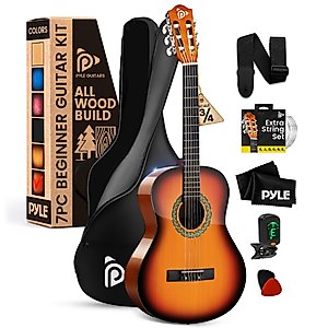 Pyle Beginner Acoustic Guitar Kit, 3/4 Junior Size All Wood Instrument for Kids, Adults, 36" Sun Burst