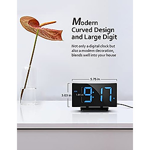 Digital Alarm Clock for Bedrooms, Digital Clock with Modern Curved Design, Conspicuous Blue LED Numbers, 6 Levels Brightness, 2 Volume, 3 Alarm Tones, Snooze, Power-Off Memory, 12/24H, Bedside Clock