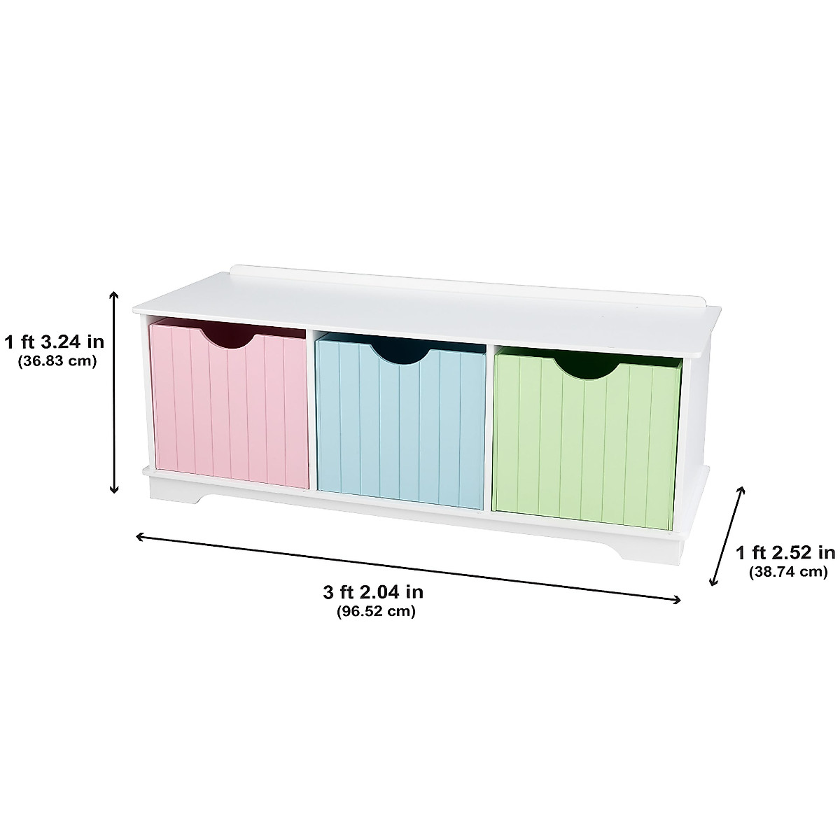 KidKraft Nantucket Wooden Storage Bench with Three Bins and Wainscoting Detail - Pastel, Gift for Ages 3+