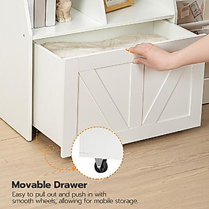 Kids Bookshelf, Four Layer Sling Bookcase, Toddler Storage Book Rack, Toy Organizer Shelves with Movable Drawer, Toy Organizer Cabinet, Book Display, for Playroom, Nursery, Kids Room, White WT112CW01