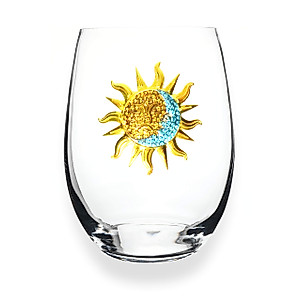 THE QUEENS' JEWELS Sun and Moon Jeweled Stemless Wine Glass, 21 oz. - Unique Gift for Women, Birthday, Cute, Fun, Not Painted, Decorated, Bling, Bedazzled, Rhinestone