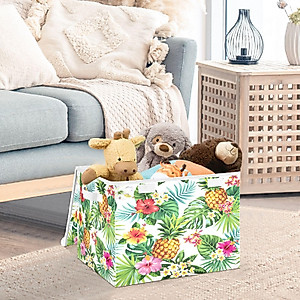DIGTIA Tropical Pineapple Floral Storage Bins with Lids Large Palm Leaves Summer Storage Basket with Handles Foldable Fabric Storage Box Organizer for Clothes Toys Closet Cabinet Home Office Bedroom