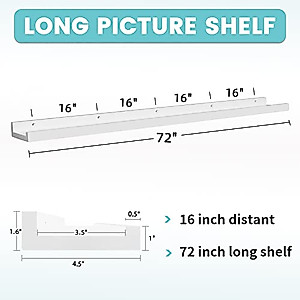 Ochoice Floating Picture Ledge Shelf - 72 inch White Photo Shelves with Lip, Long Wood Bookshelf for Living Room, Bedroom, Nursery, Wall Decor