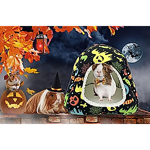 Vehomy Small Animal Halloween House Hideout & Costume Set- Hamster Cave House Bed Nest Hideout with Ghost Candy Spider Net Pattern Hamster Witch Hat Bowtie for Rodent Chinchilla Hedgehog