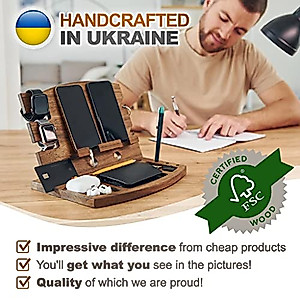 TESLYAR Natural Walnut Wood Phone Docking Station Phone Key Holder Wallet Stand Watch Organizer Men Husband Wife Anniversary Dad Birthday Nightstand Purse Father Graduation