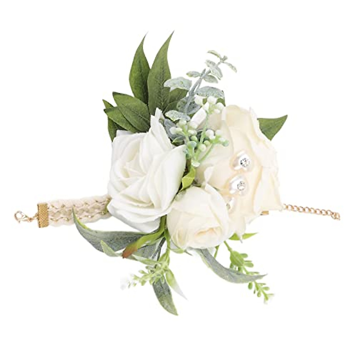 Wrist Corsage Wristlet Band Bracelet for Wedding Bride Wrist Flower Artificial Flower Decorative White Roses and Green Leaves for Wedding Party
