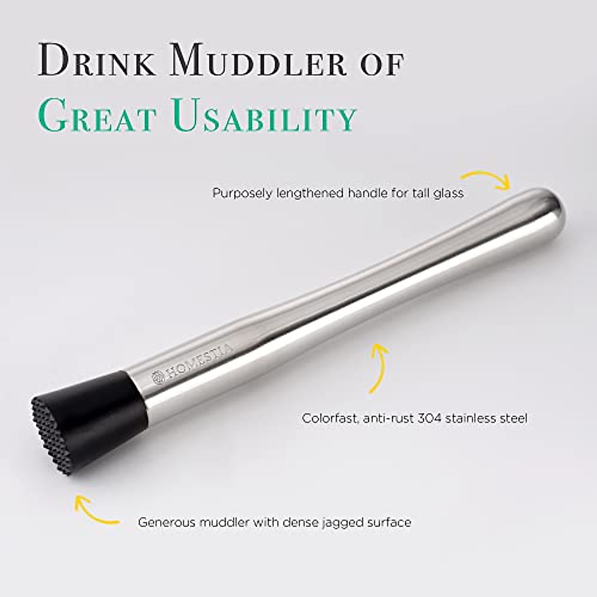 10" Long Muddler for Cocktails, Stainless Steel Drink Muddler for Home Bar Tool Set, Ice Crusher Bartender Kit for Mojito and Fruit Drinks by Homestia