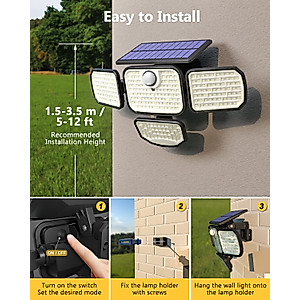 Solar Lights Outdoor Motion Sensor, 286 LED 3000 LM Solar Security Lights with Remote Control, IP65 Waterproof,4 Heads Solar Flood Lights with 3 Modes for Front Door Backyard Garage Deck