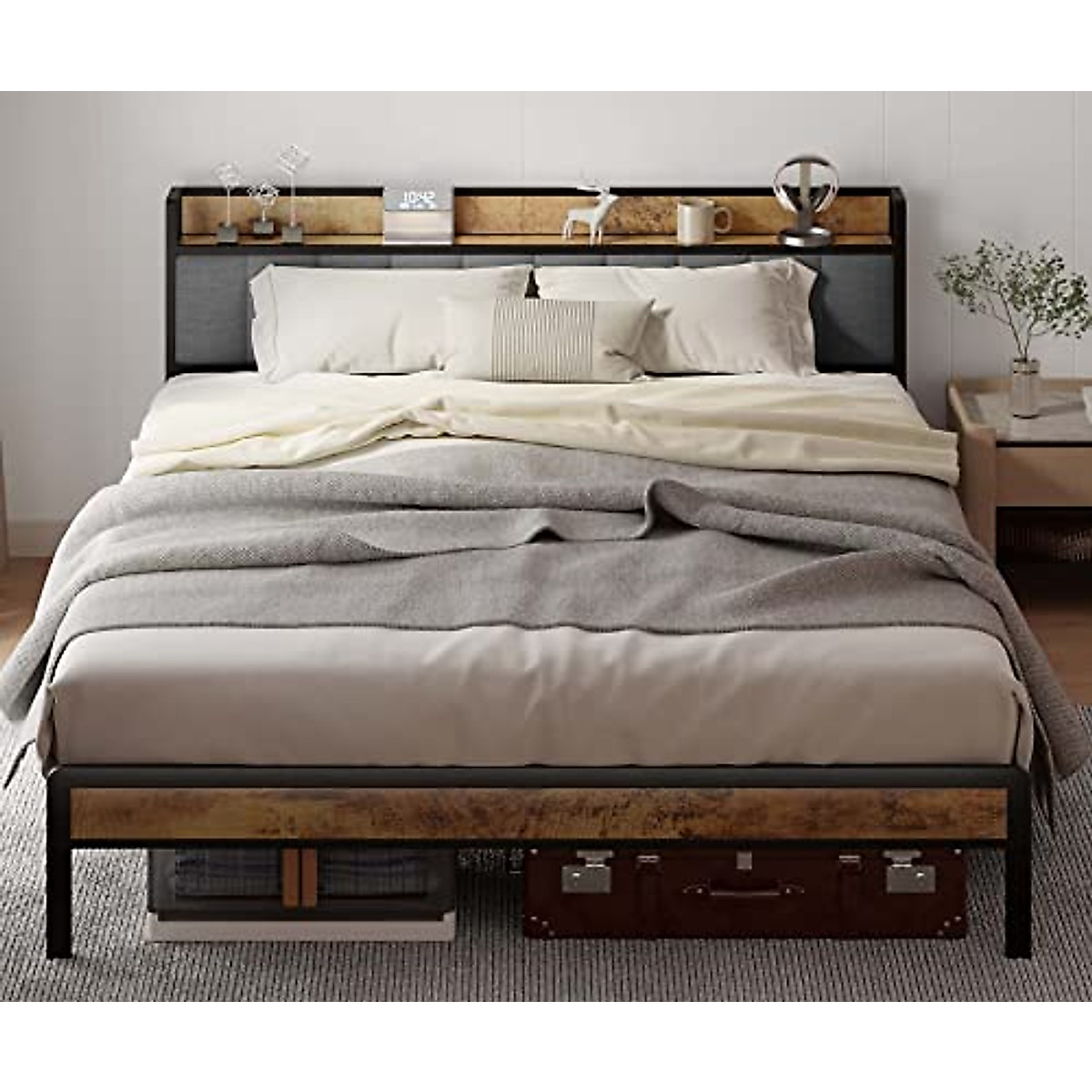 Gizoon Queen Bed Frame with Storage Headboard, Metal Platform Bed Frame Strong Steel Slats Support Mattress Foundation, Large Under Storage, No Noise (Dark Grey)