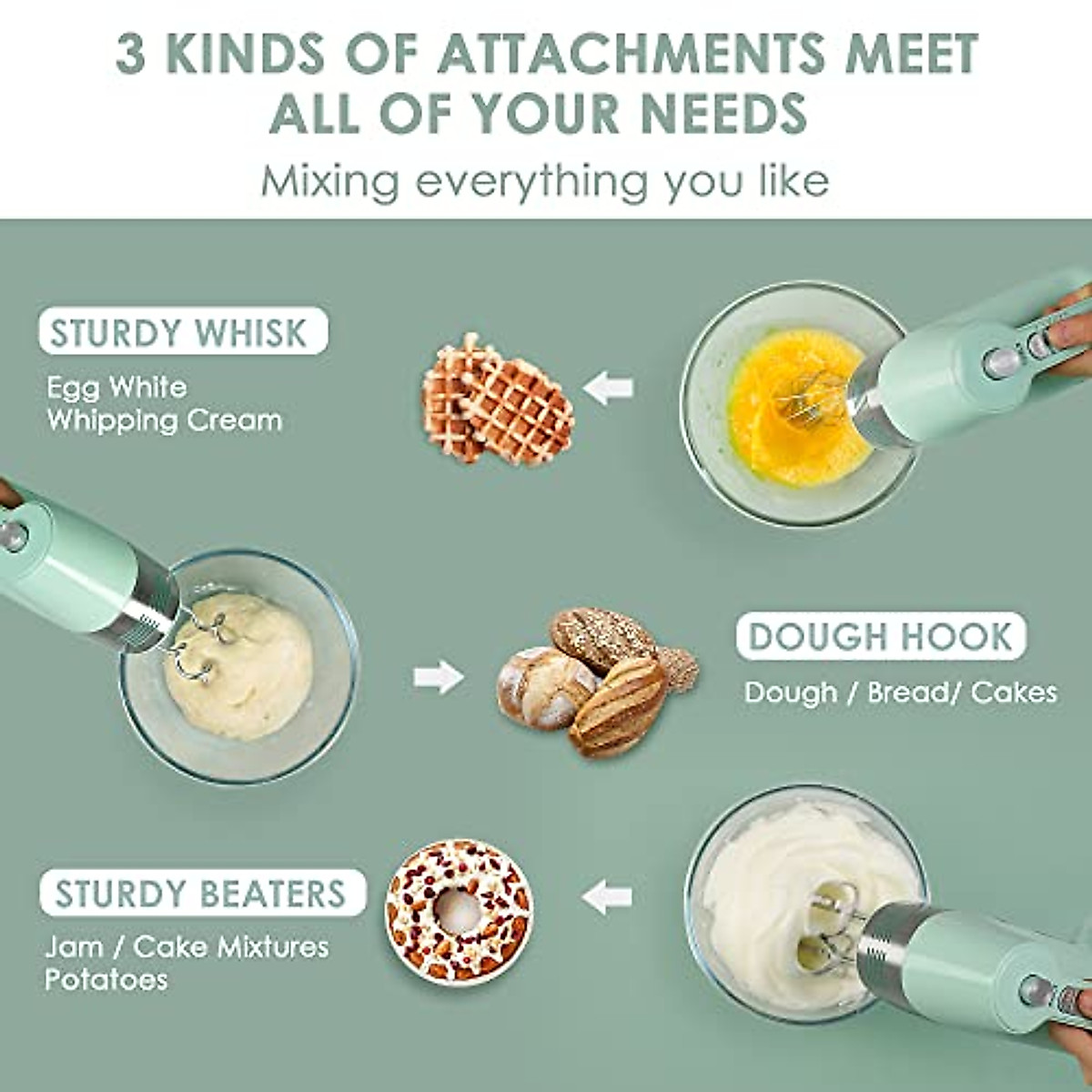 REDMOND Hand Mixer Electric, 5-Speed Hand Mixer with Measuring Storage Case, Kitchen Handheld Mixer Includes Dough Hooks, Whisk and Beaters for Cream, Cake, Cookies, Eggs 250W Hand Mixer with Measuring Box, HM018 Mint Green