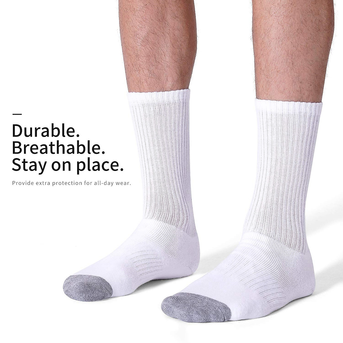 CelerSport 6 Pack Men's Athletic Crew Socks, Work Boot Socks with Full Cushion, White, Shoe Size: 12-15