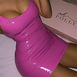 Faux Leather Latex Mini Party Club Dress Womens Sexy Scoop Neck Pu Leather Tank Dresses Bodycon for Women (2X-Large,Pink), XX-Large