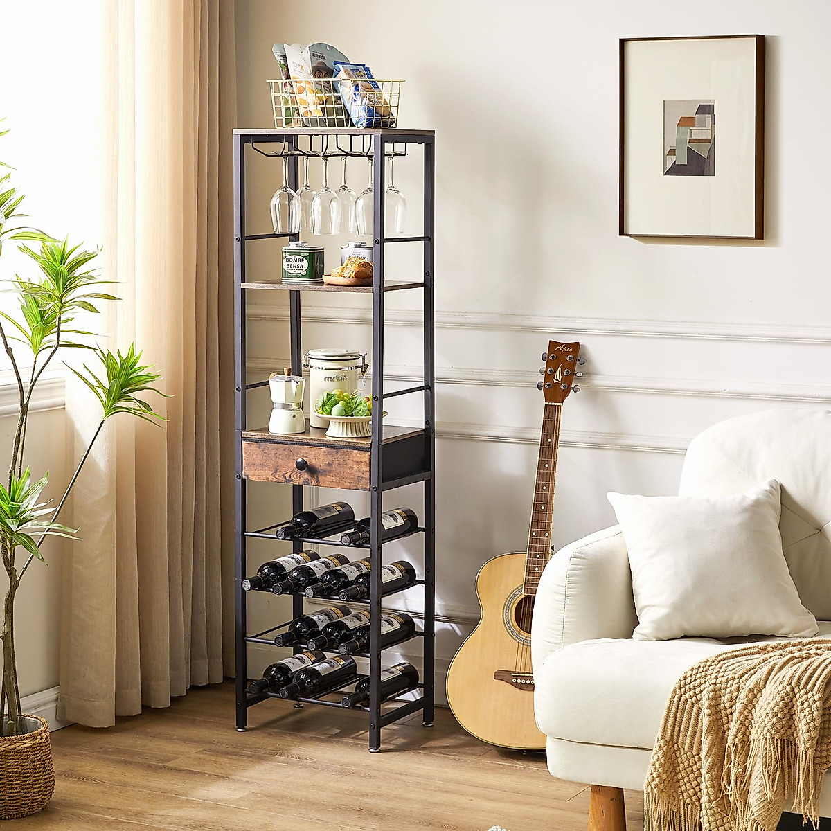 IBUYKE Wine Rack Freestanding Floor, Bar Cabinet for Liquor and Glasses,4-Tier Wood Coffee Bar Cabinet,Glass Holder and Storage Drawer for Home Bar Kitchen Living Room,Rustic Brown UTMJ905H