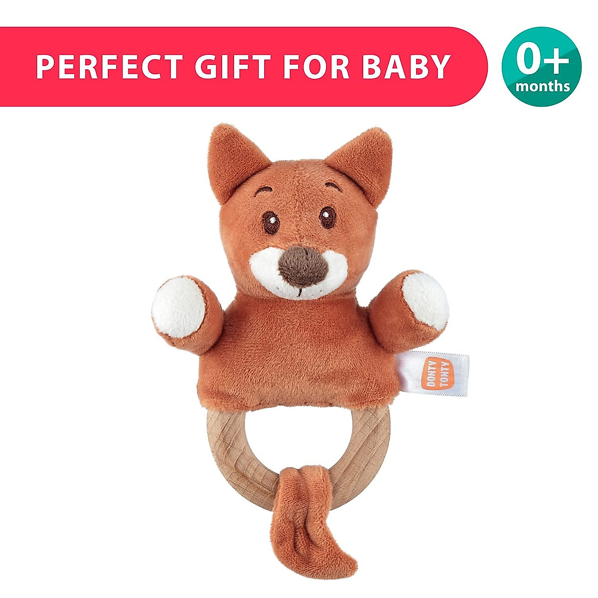 Donty-Tonty Premium Wood Baby Teether Rattle Toy Easter Baby Gift - Animals Soft Plush Shaker Toy with Natural Wooden Teething Ring Toddler, Newborn Boy, Girl, Gifts for 0 3 6 9 12 Months - Red Fox