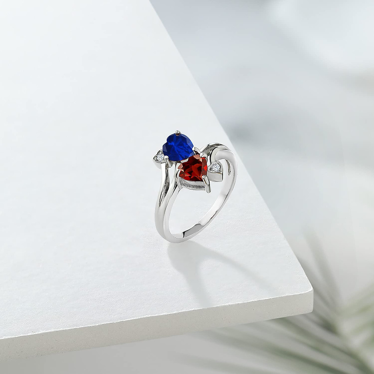 Gem Stone King 925 Sterling Silver Blue Created Sapphire Red Garnet Ring For Women (1.73 Cttw, Heart Shape 6MM, Gemstone September Birthstone, Available In Size 5, 6, 7, 8, 9)