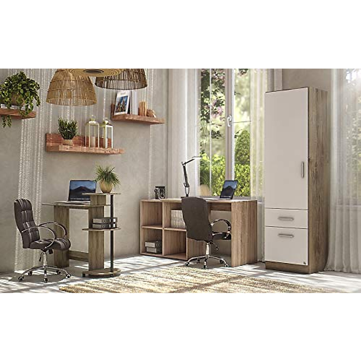 Furinno 11181GYW/BK Compact Computer Desk with Shelves, Round Side, French Oak Grey/Black