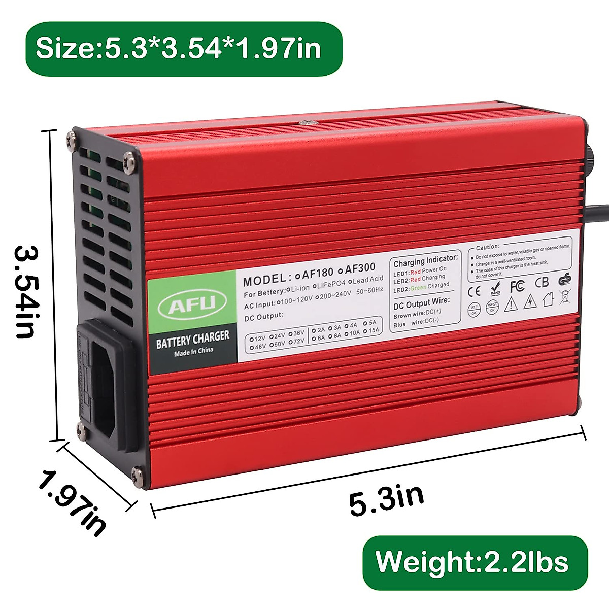 58.4V 5A LiFeP04 Charger for 16S 48V LiFeP04 Battery Smart Battery Charger Red Aluminum Case with Alligator Clip Connector