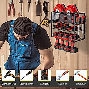 EAXCK Power Tool Organizer, Garage Tool Storage, Drill Holder Wall Mount, Heavy Duty Metal Tool Shelf Cordless Drill Workshop Rack 4 Layers with Screwdriver Holder, Father's Gift