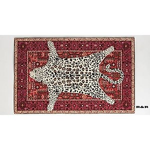Restoration and Renovation Handmade White Leopard Rug with Blue/Red Persian Background | Animal Print Cheetah Wool Area Rug for Living Room, Bedroom and Kitchen (Red, 3x5 ft)