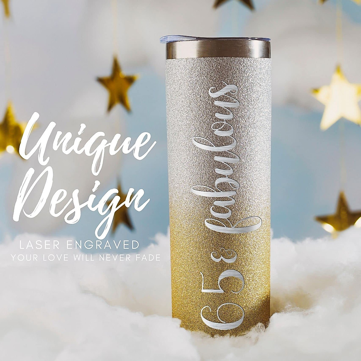 Onebttl 65 & Fabulous 20 Oz Insulated Stainless Steel Wine Tumbler, 65th Birthday Gifts Party Supplies Decorations for Women Funny Tumbler Gifts Idea for Friends Her Wife Mom Coworkers, Glitter Gold