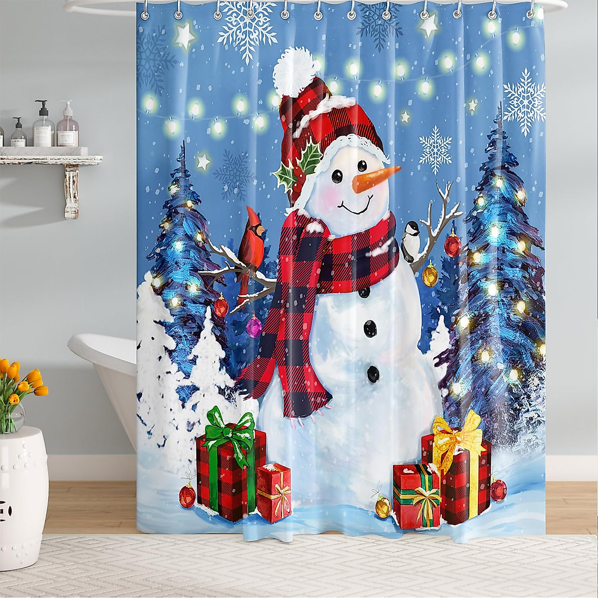 BIVINAR Christmas Shower Curtain, White Winter Forest Snowfall Bathroom Shower Curtain, Natural Xmas Pine Tree Fabric Bathroom Curtain Decor, 72 × 72 Inch