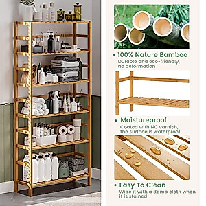 VIAGDO Bamboo Bathroom Shelf, 6-Tier Adjustable Tall Bookshelf, Multifunctional Storage Rack Freestanding Shelving Unit for Bathroom, Living Room, Bedroom, Kitchen, Laundry Room