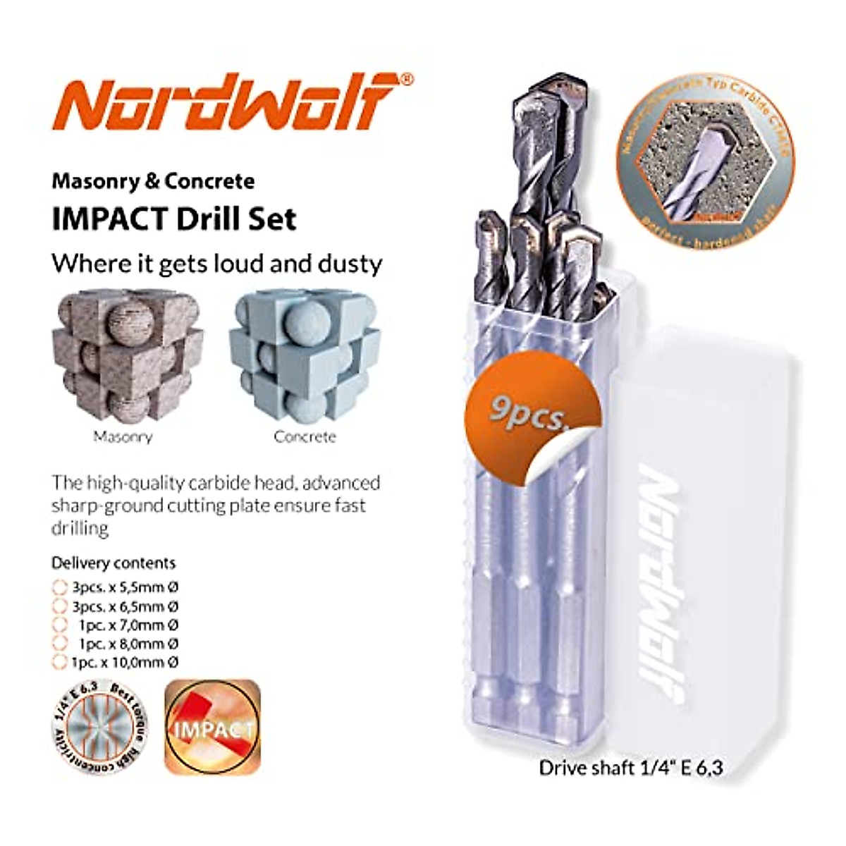 NordWolf 9-Piece Metric Carbide Tipped Masonry Drill Bit Set with 1/4" Hex Shank for Concrete, Brick, Block & Stone, Sizes 5.5(x3)-6.5(x3)-7-8-10mm