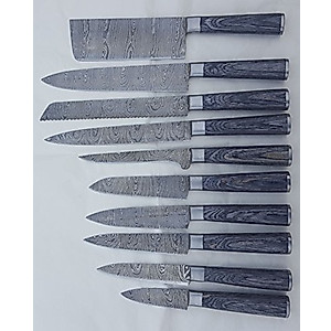 G49- Professional Kitchen Knives Custom Made Damascus Steel pcs of Utility Kitchen Knife Set Round Wood Handle with Pocket Case Chef Knife Roll Bag (10, Black)