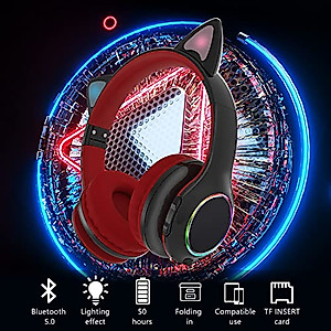 ShuQiaoSi Bluetooth Headphone Cat Ear for School with LED Light, Foldable Kids Headphones, Wired Headset with 3.5mm Microphone Volume, for iPhone/iPad//Laptop/PC/TV for Children(Black)