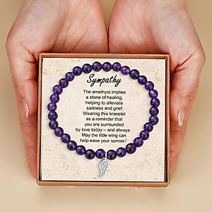 Sympathy Gifts for Loss of Mother, Father, Baby, Pet Dogs Amethyst Bead Bracelet with Sterling Silver Wing Charm Memorial Jewelry with Card and Gift Box
