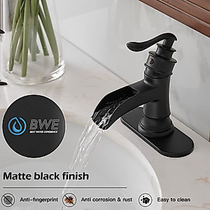 BWE Black Bathroom Faucet Matte Waterfall Sink Farmhouse Bath Vanity Single Hole Bundle with Kitchen Sink Faucet with Deck Plate Matte Black with Pull Down Sprayer 3 Spray Modes