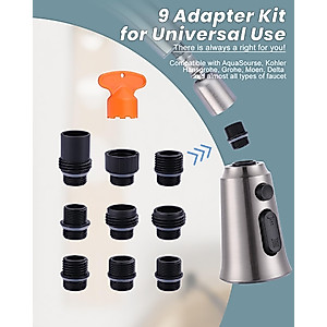 WOWOW Kitchen Faucet Head Replacement, 3 Function Pull Down Faucet Sprayer Head with 9 Adapters, Brushed Nickel Kitchen Sprayer Nozzle Compatible with Moen, Delta, Kohler Faucets