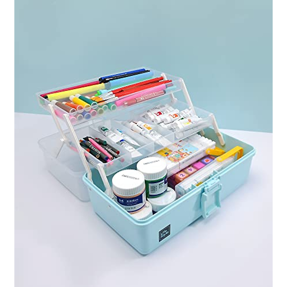 3 Layers Plastic Portable Storage Box, Multipurpose Organizer and Storage Case for Art Craft and Cosmetic, Portable Handled Storage Box for Home, School, Office, First Aids (Blue)