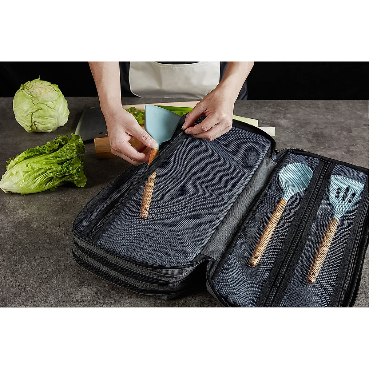 Chef Knife Roll Bag, 16 Pockets Large Knife Case Bag, Durable Oxford Cloth Culinary Bag, Executive Zipped Compartments Chef Knife Carrier Bag for Traveling, Working, Camping - Knifes not Included