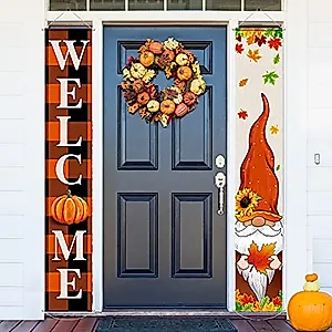 Tatuo Thanksgiving Porch Banners Gnome Welcome Porch Banners Decorations Fall Hanging Door Sign Autumn Sunflower Pumpkin Door Hanging Banners for Home Outdoor Party Wall Decor, 71 x 12 Inch