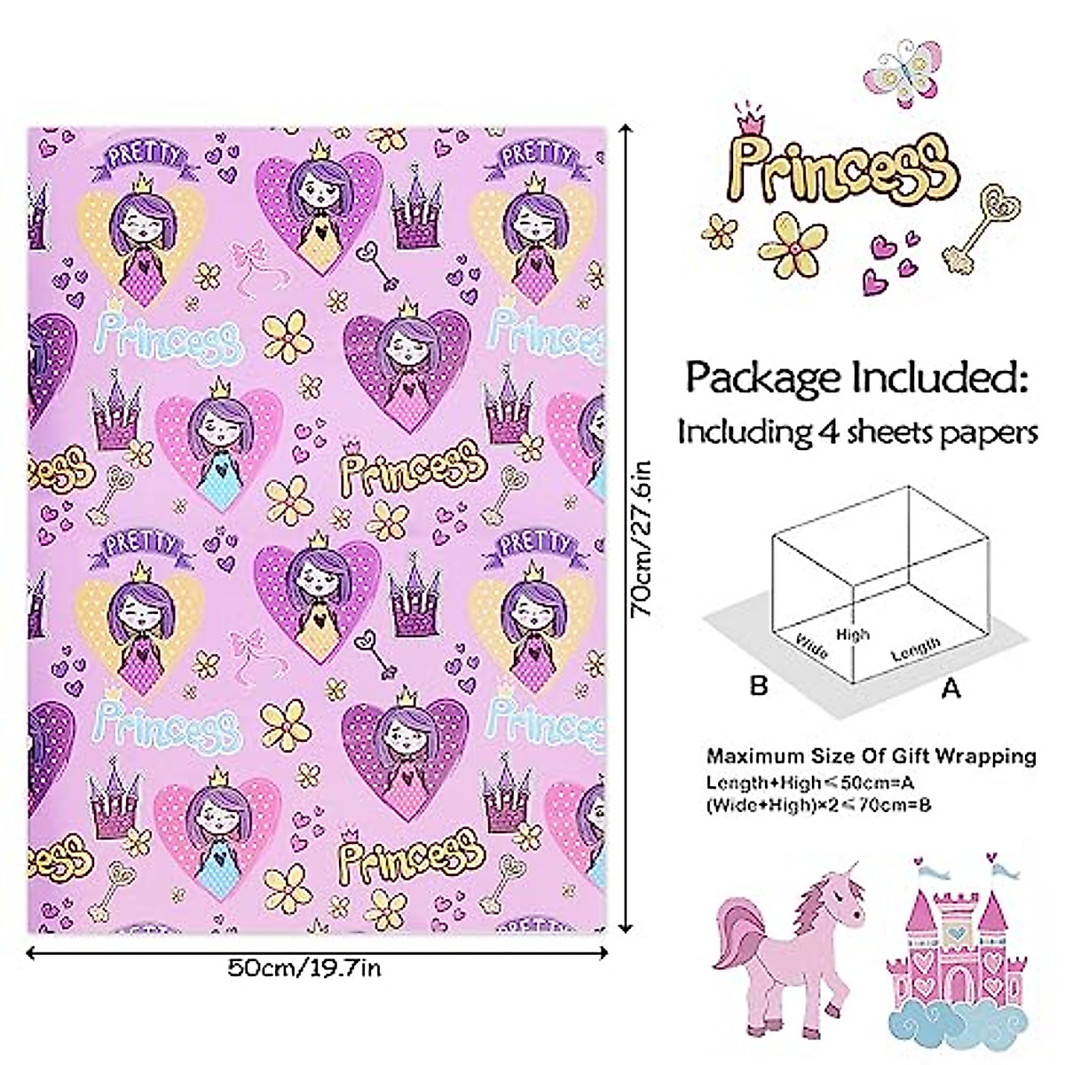 Princess Dressed in Pretty outfits On Pink Gift Wrapping Paper Flat Sheets (4-Sheets, 4-Designs: 15 sq. ft. ttl)-For Girls Baby Shower, Birthday, Christmas Holiday Gift Wrap, Princess Party Supplies and More