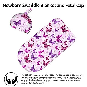 Pink Butterfly Butterflies Newborn Swaddle Blanket Baby Receiving Blankets Infant Sleep Sack Wrap Soft Stretchy Muslin with Beanie Hat for Baby Shower Boy Girl Gifts